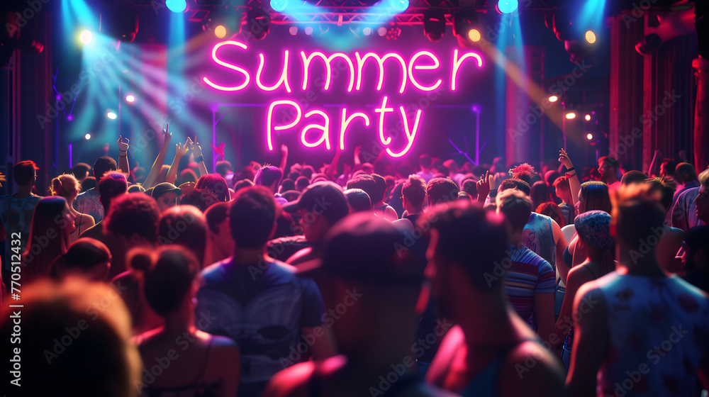 A bustling summer party scene, vibrant neon signs proclaim 'Summer ...