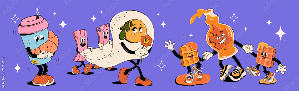 Retro groovy fast food characters set. Trendy modern style 60s - 70s ...