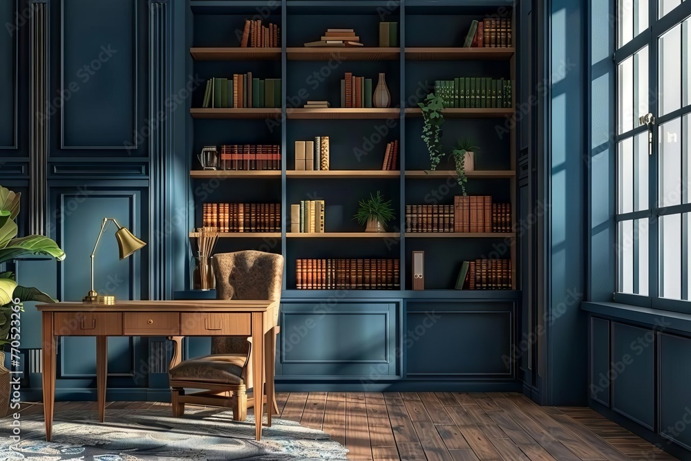 Home office room with bookcase, zoom virtual background, interior ...