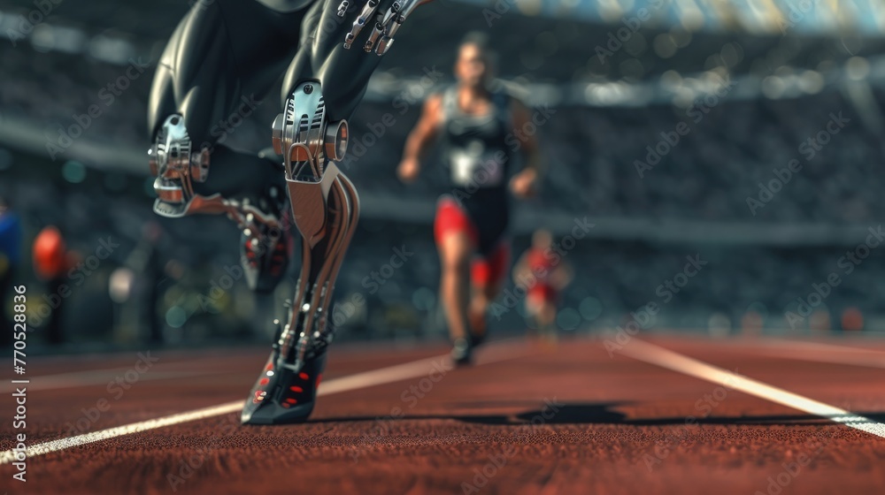 an athlete running around the stadium with a prosthetic leg. A disabled ...