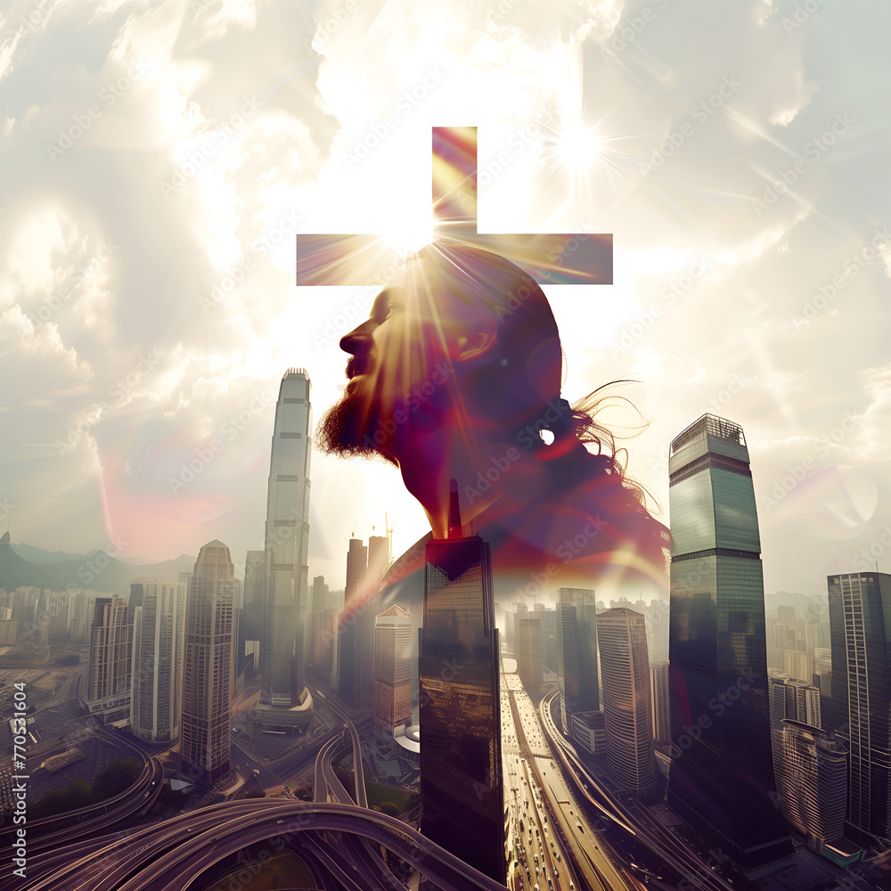 Double exposure image of Jesus Christ, Christian cross and skyscrapers ...
