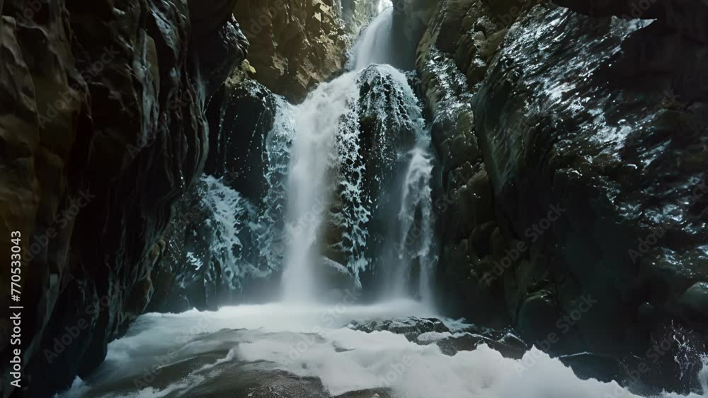 A snapshot of a waterfall cascading down into a hidden canyon beckoning ...