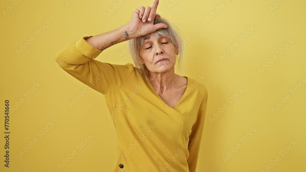 Middle-aged woman mocks and shows loser sign, teasing and laughing ...