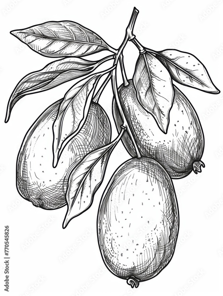 The guava branch has three guavas. The guavas are round and have a ...