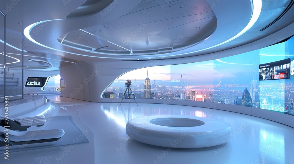 A futuristic entertainment hub with a circular TV wall featuring wrap ...
