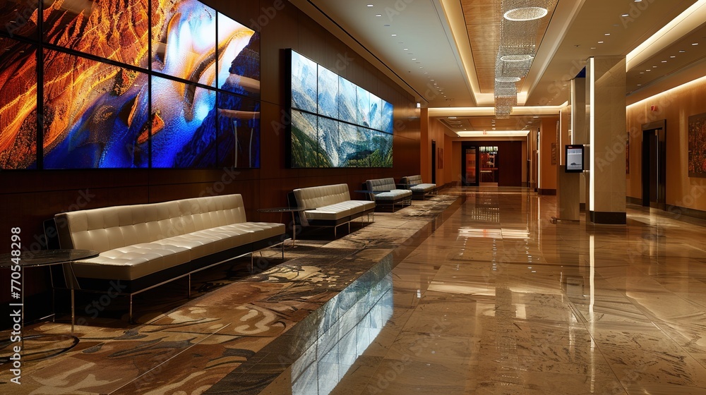 A sleek and stylish media wall in a luxury hotel lobby, featuring large ...