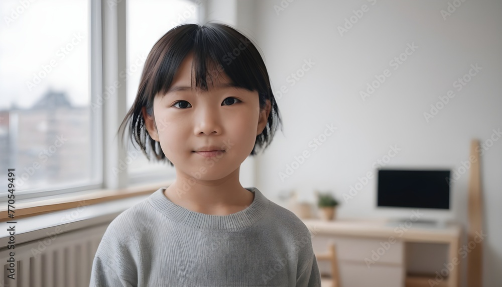 Portrait of cute Asian kid, child, on a plain white background. Simple ...