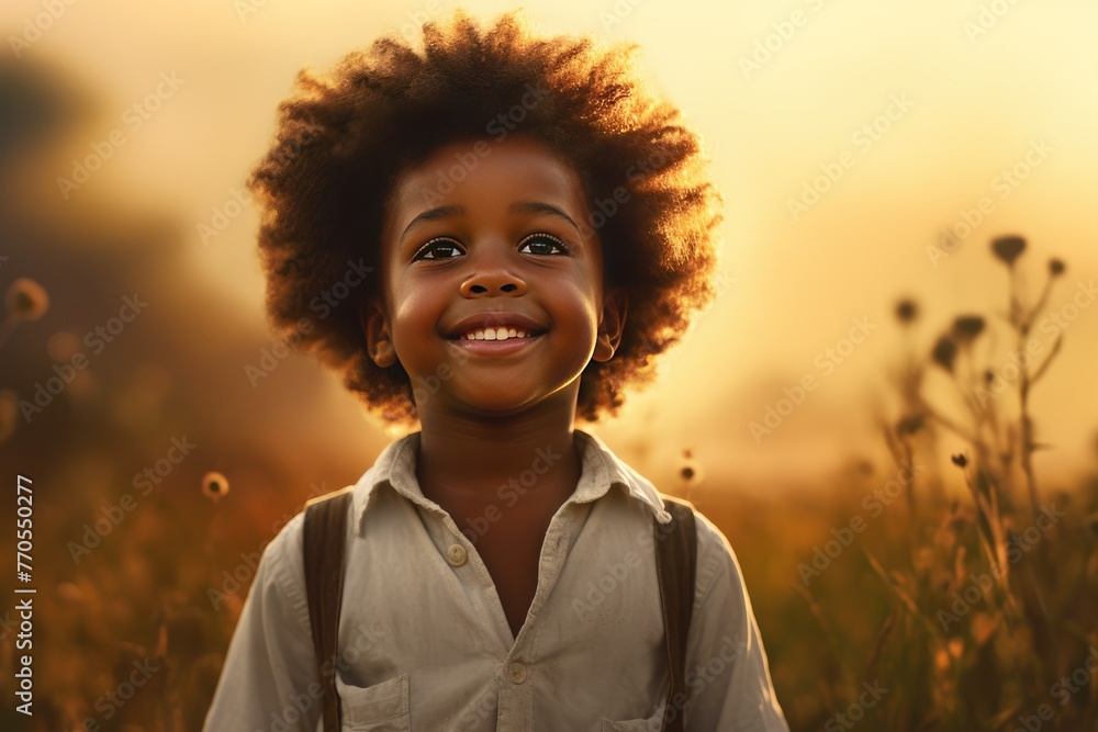 Smiling dark skinned little boy standing in a blurred background field ...