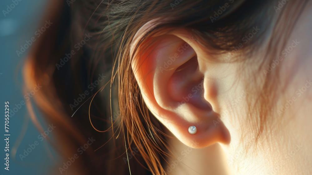 Close-up image of a woman's ear with a small round silver earring ...