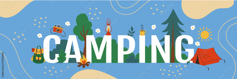 Camp spring. Camping banner. Hiking adventure. Travel invitation ...