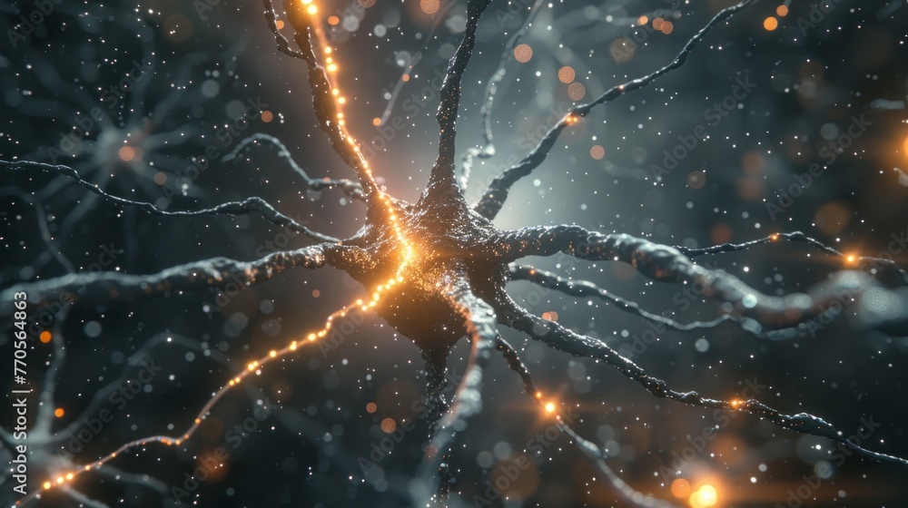 Neuron with illuminated synapses representing neural activity and brain function. Stock ...