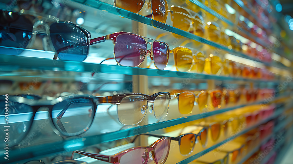 Close-up of assorted eyeglasses on display shelves in an optical shop ...