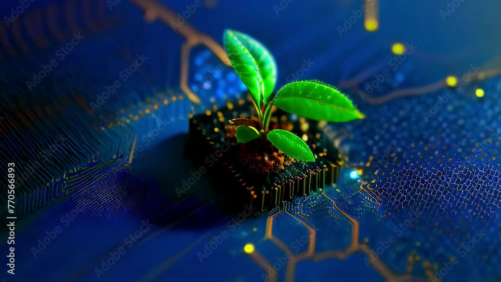 Digital green tree on computer circuit board, plant growing in digital ...