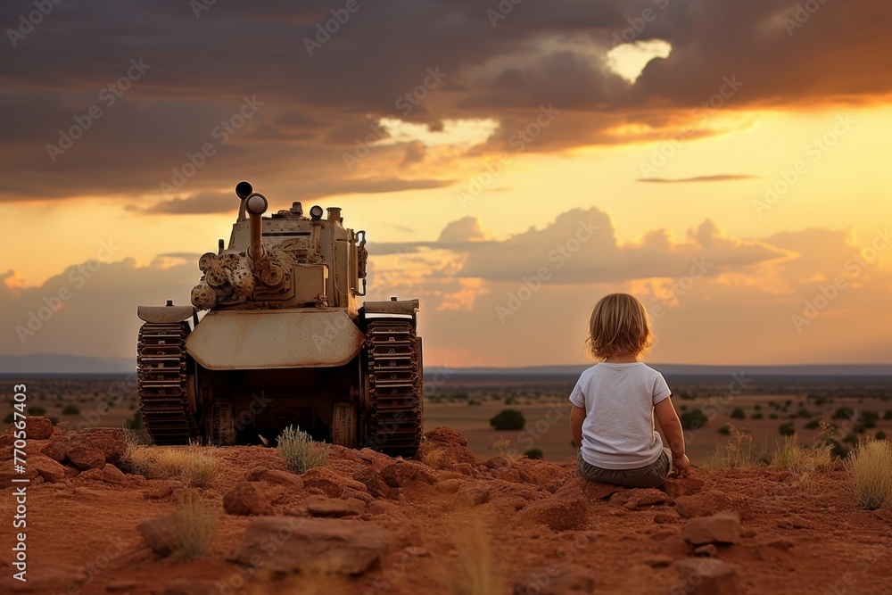 A little boy looks at the invading tank at sunset. A symbol of peace ...