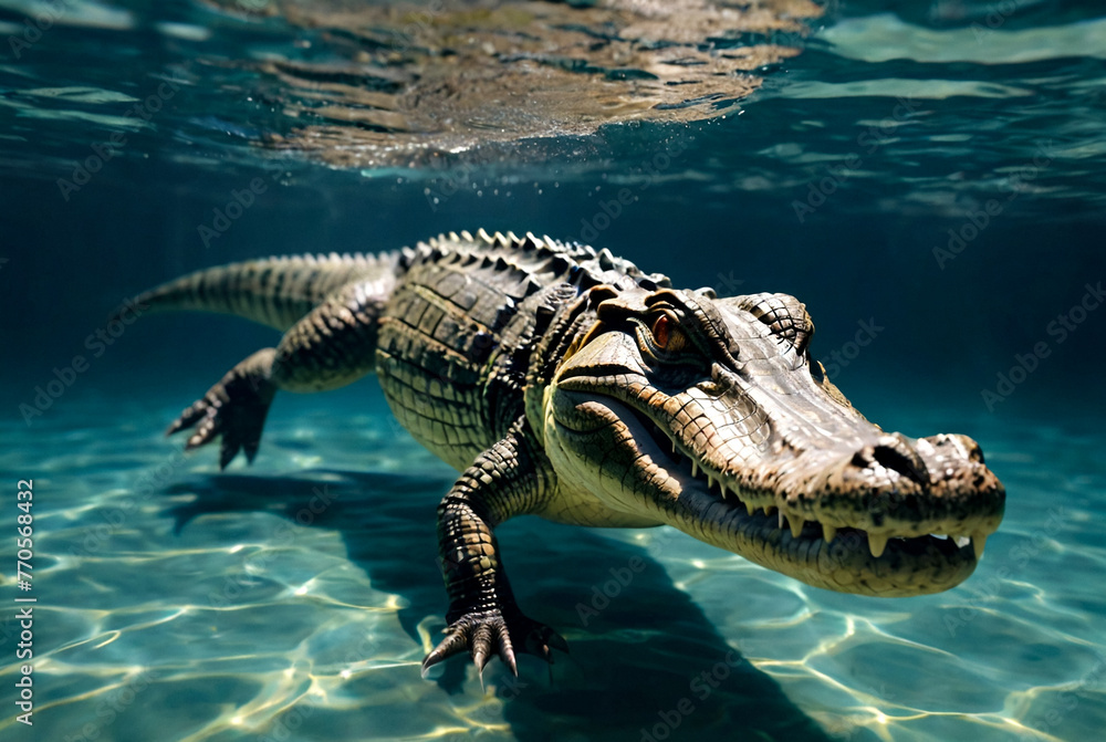 Crocodile floats underwater. Alligator in shallow water looks out of ...