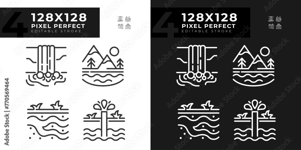 Natural water bodies linear icons set for dark, light mode. Natural ...