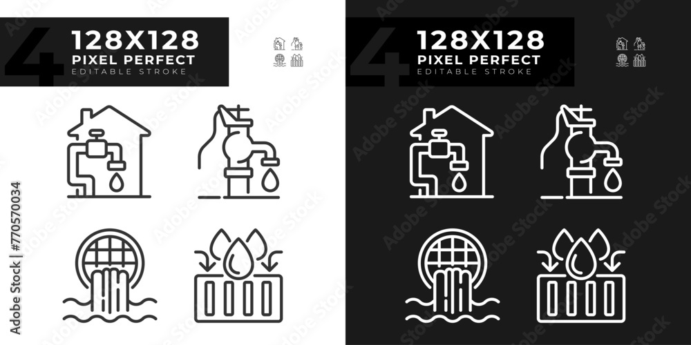 Water infrastructure linear icons set for dark, light mode. Manual well ...