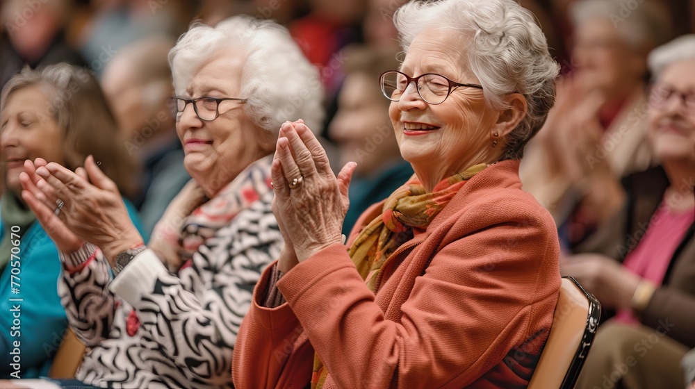 Senior audience members express joy and appreciation, clapping with ...