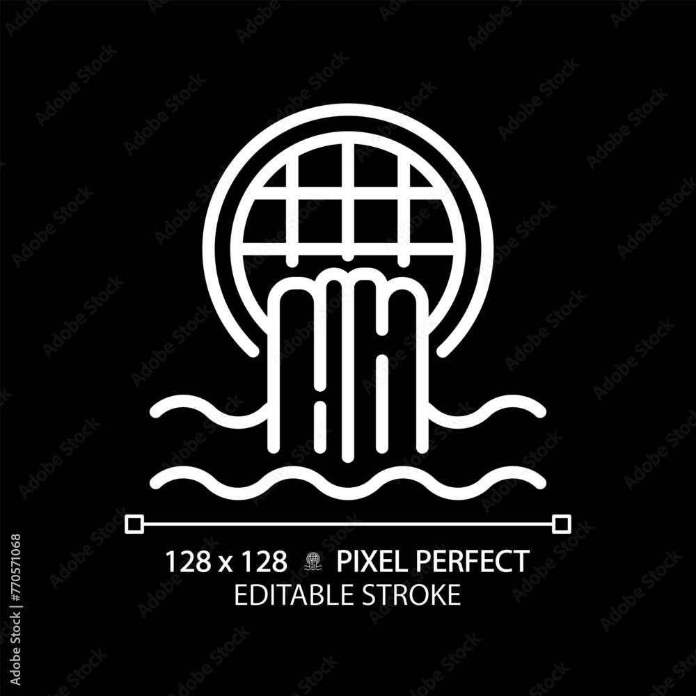 Storm drain white linear icon for dark theme. Wastewater runoff. Water ...