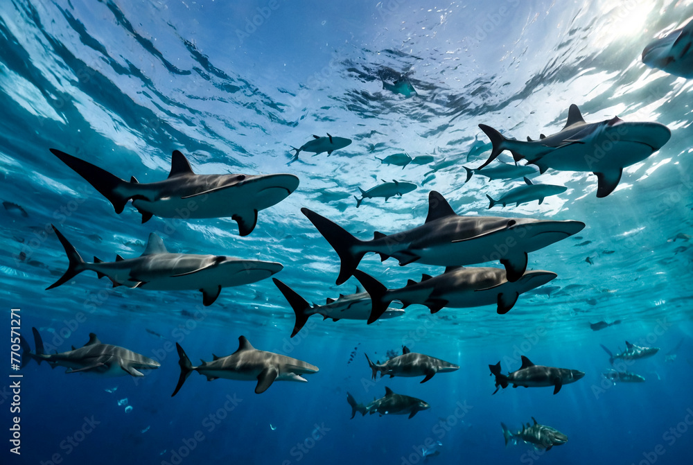Great Hammerhead Shark. School of Hammerheads swimming in Red sea ...