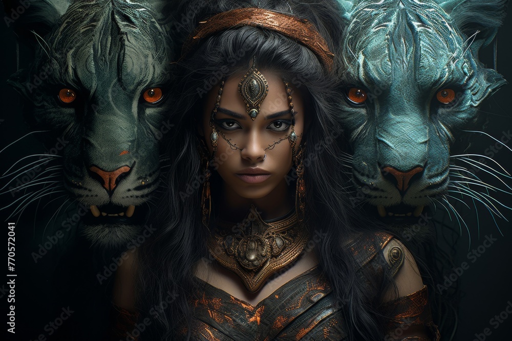 The fierce strength of a girl and a curl of tiger manipulation creating ...