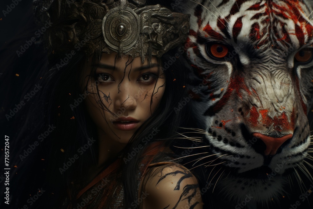 The fierce strength of a girl and a curl of tiger manipulation creating ...