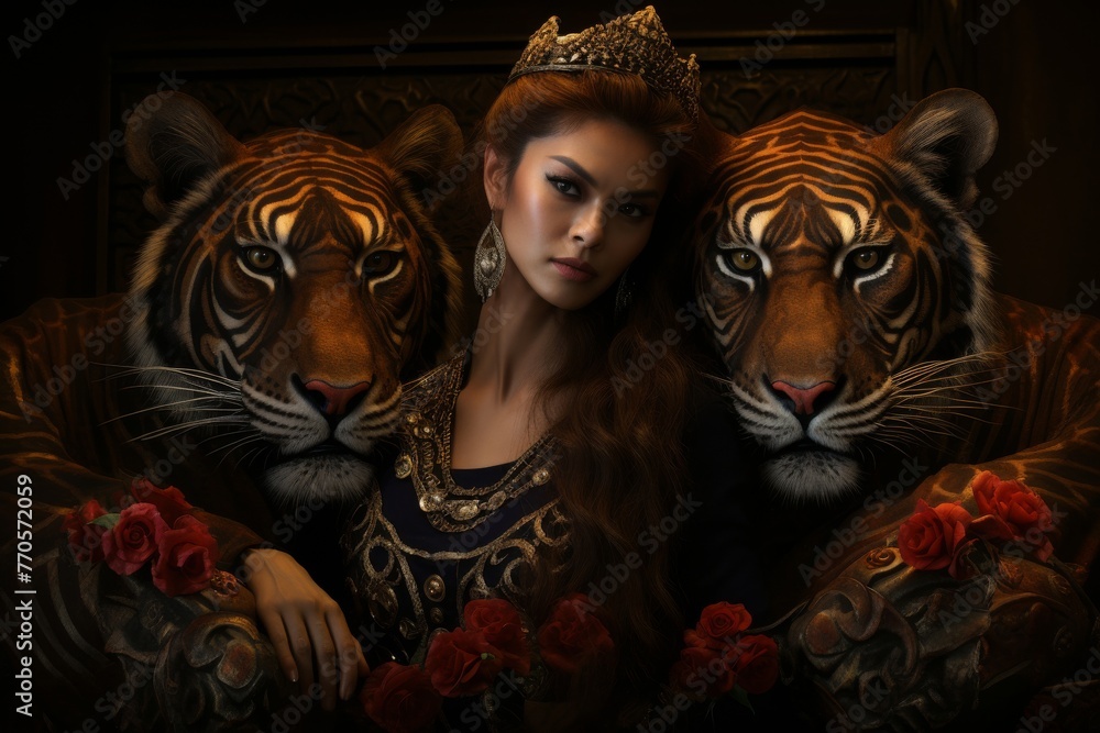 The fierce strength of a girl and a curl of tiger manipulation creating ...