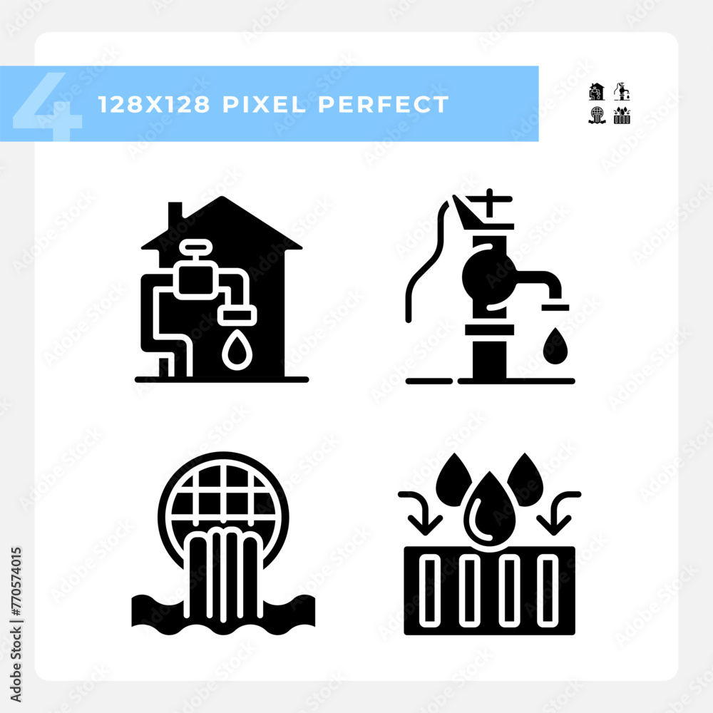 Water infrastructure black glyph icons set on white space Manual well ...
