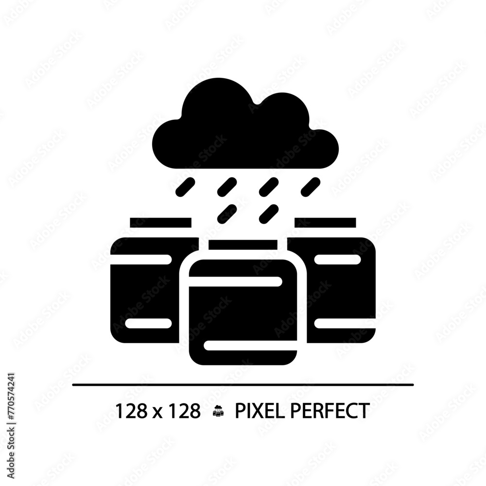 Rainwater harvesting black glyph icon. Collecting water for reusing ...