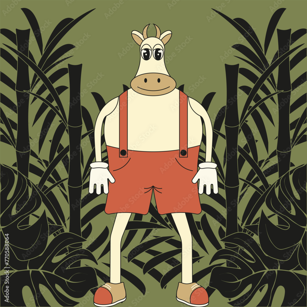 Greeting card design with Funky Cow in tropic forest in retro style ...