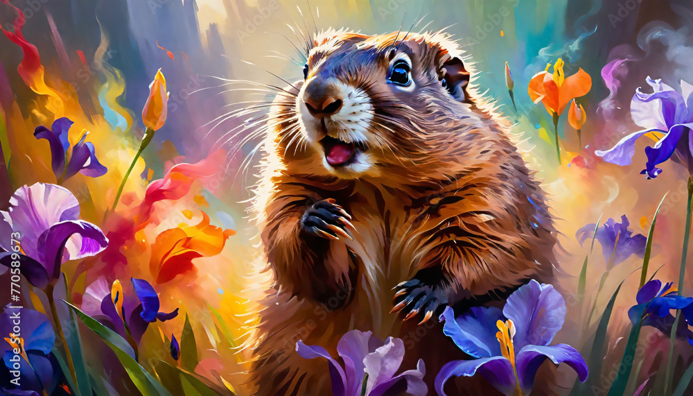 A Painting Of A Groundhog In A Field Of Flowers With His Mouth Open And