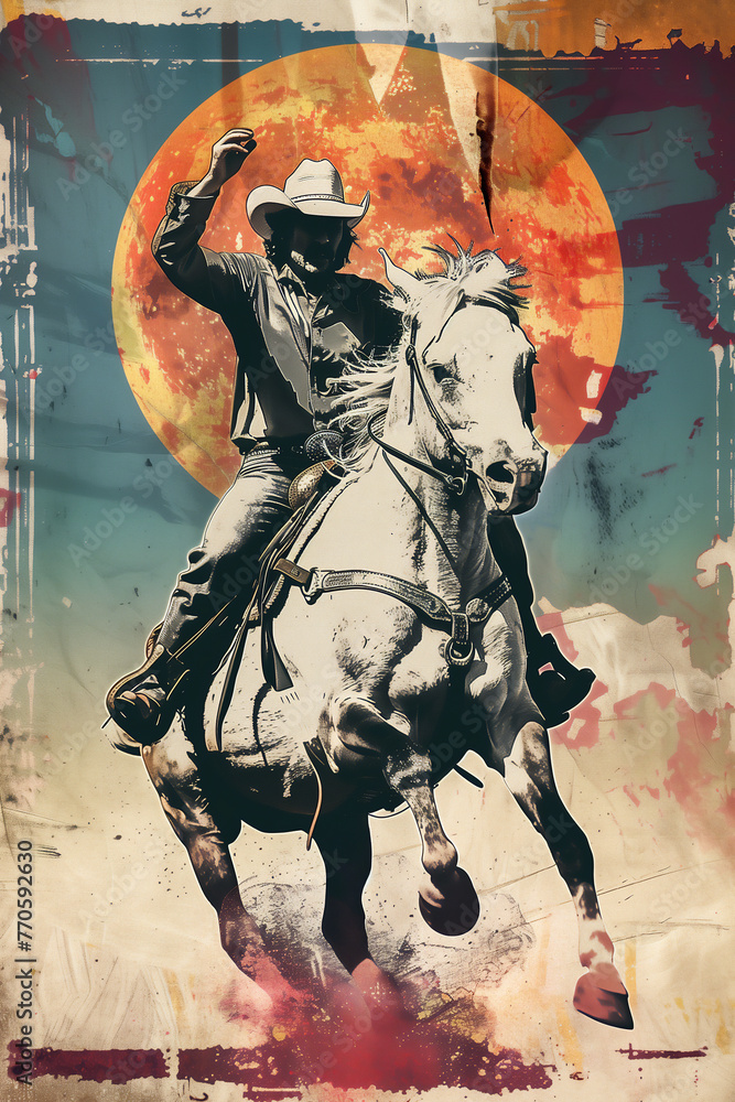 American rodeo cowboy riding his horse in the Wild West frontier of ...