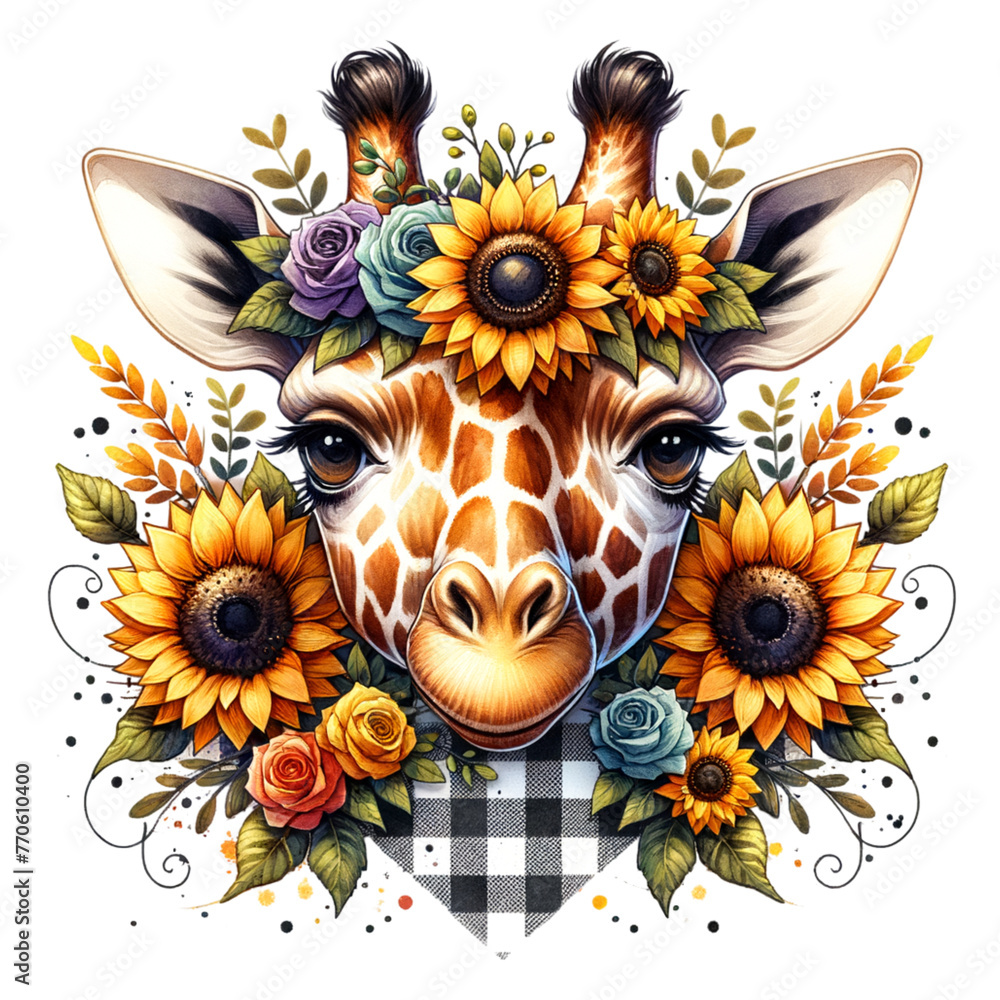 Floral Giraffe face with Sunflowers front view Clipart Digital Download ...