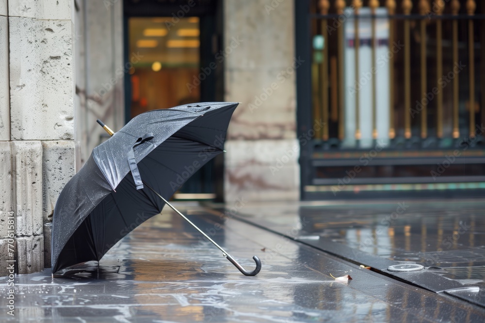 wet umbrella left at a closed buildings entrance Stock Photo | Adobe Stock