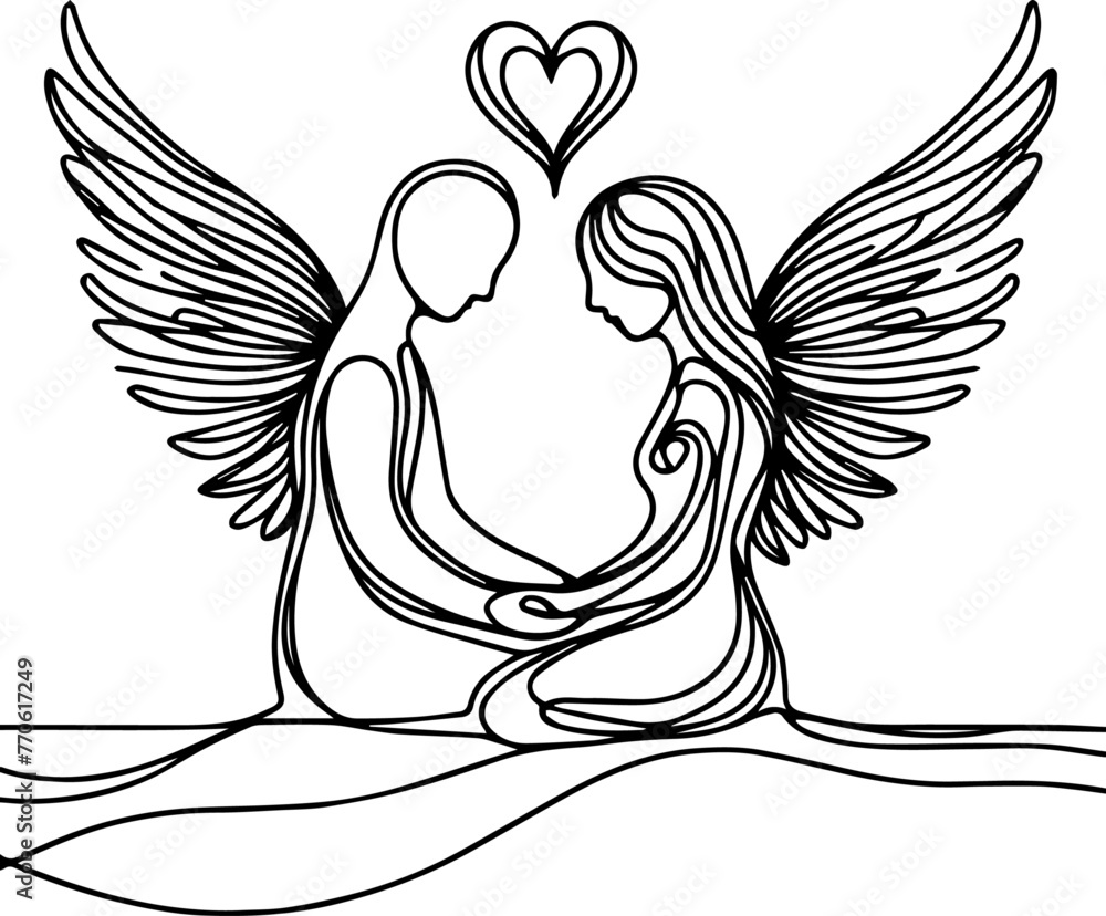 lovestruck angel couple holding hands nocolor vector illustration ...