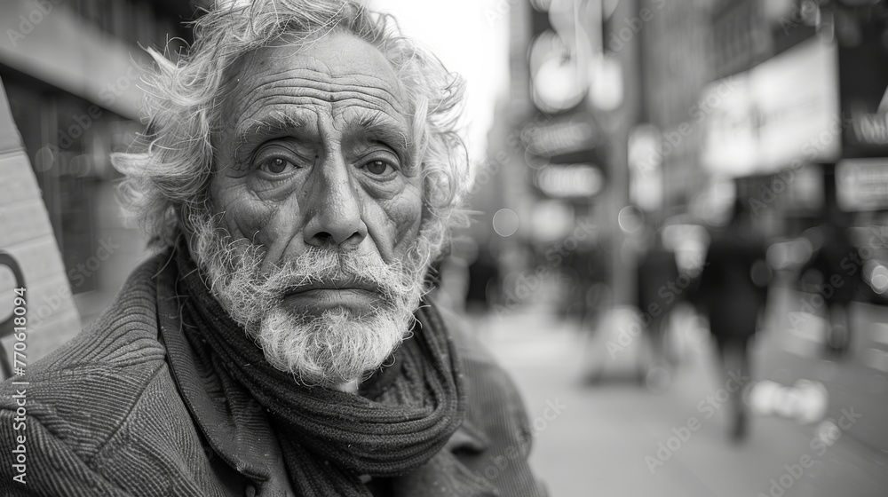 the image of a homeless man sitting on a city sidewalk, his face lined ...