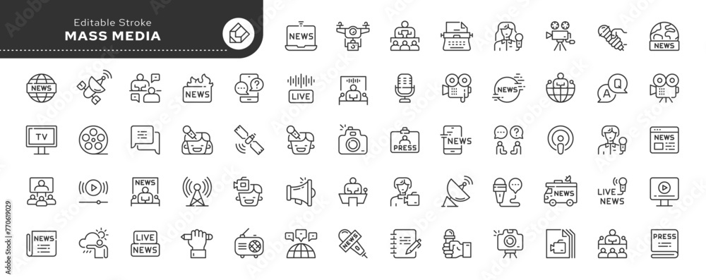 Set of line icons in linear style. Series - Mass media and journalism ...