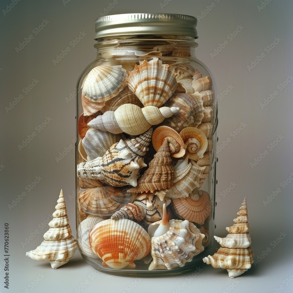 A transparent glass jar filled with a variety of seashells. The jar is ...