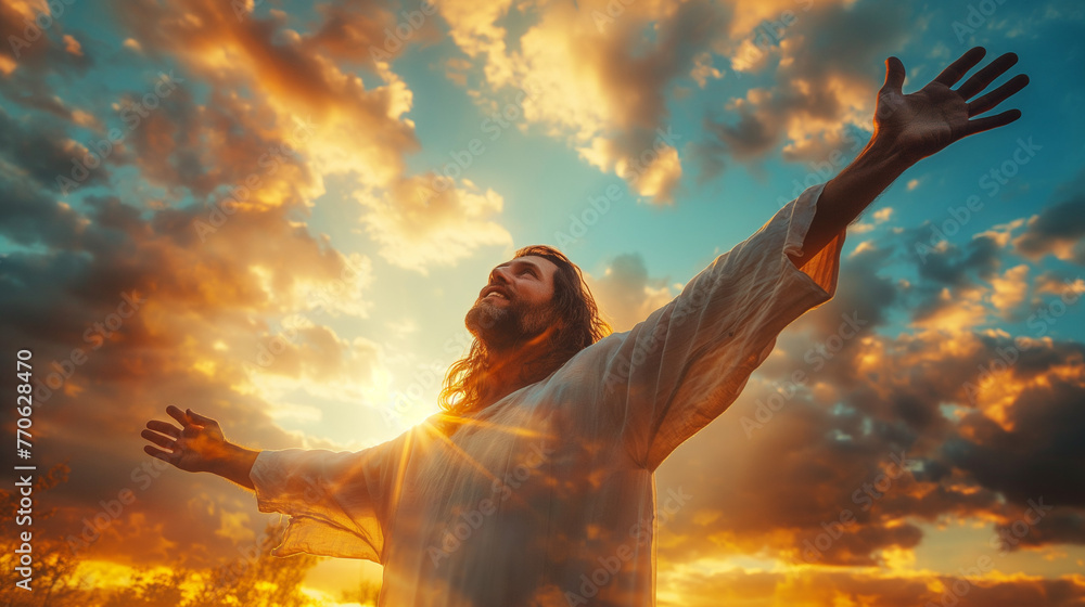 Jesus Christ with open arms reaching out in the sky, hand gestures of ...