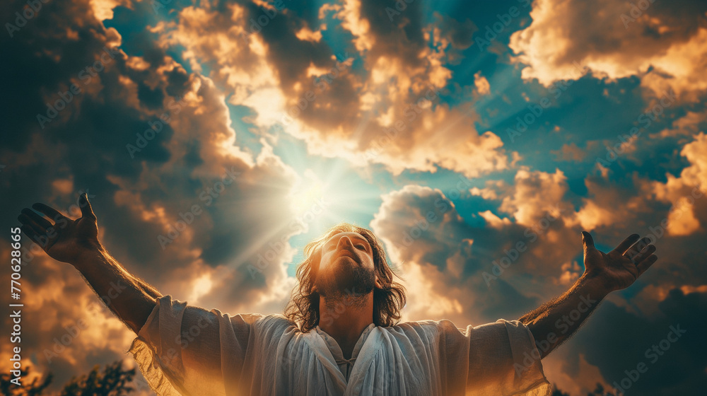 Jesus Christ with open arms reaching out in the sky, hand gestures of ...