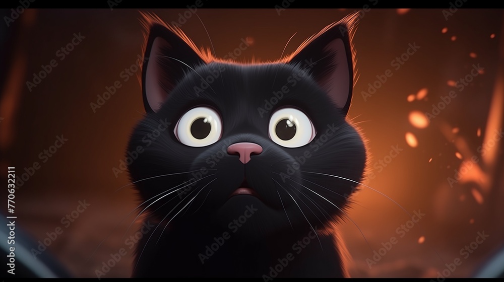 An enchanting 2D animation of a black cat characterized by its ...