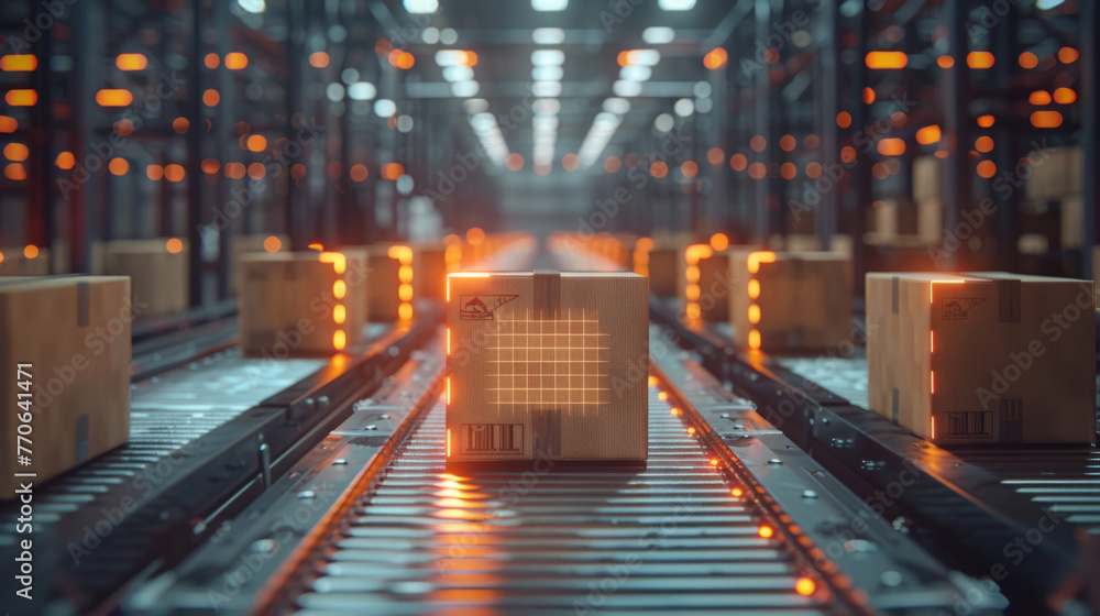 Conveyor belts in a warehouse transport cardboard boxes illuminated by ...