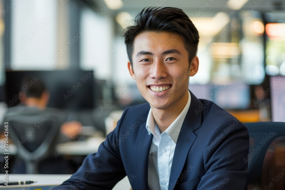 Portrait of a smiling and successful young Asian man in a suit working ...