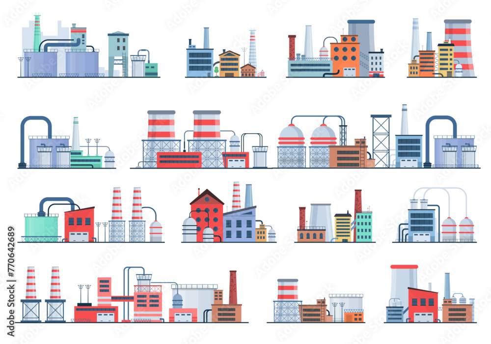 Industrial Building Concept Eco Style Factory City Landscape. Set of ...
