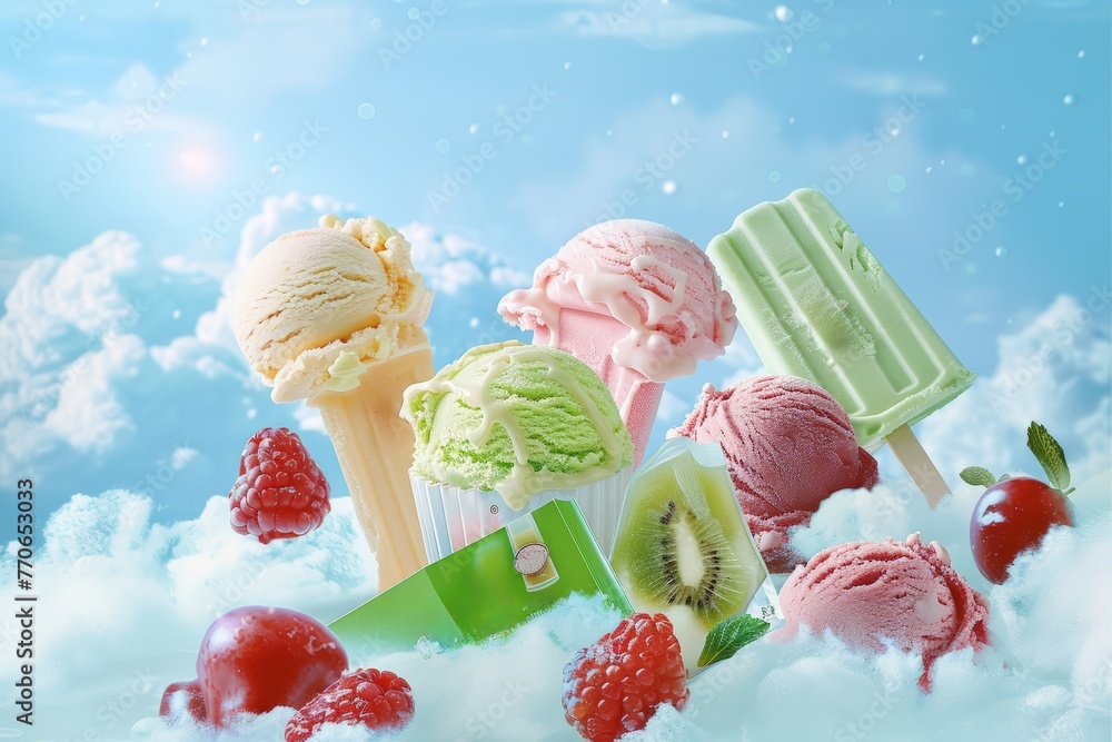 Frozen scoops and bars with raspberry and kiwi garnishes float amidst ...