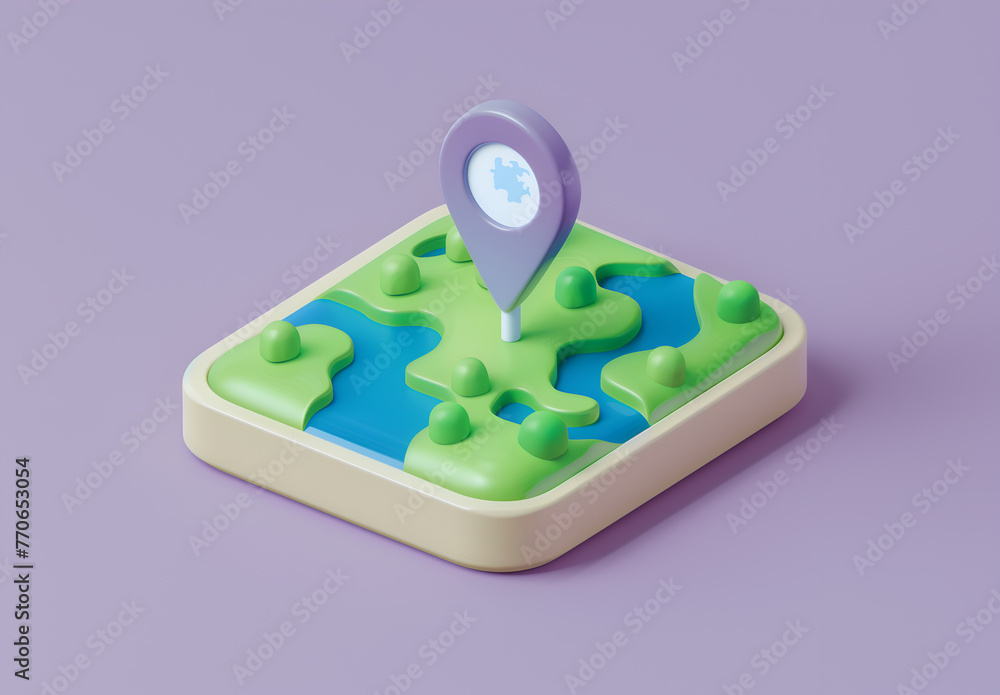 3D isometric map with location pin using green and blue colors of the ...
