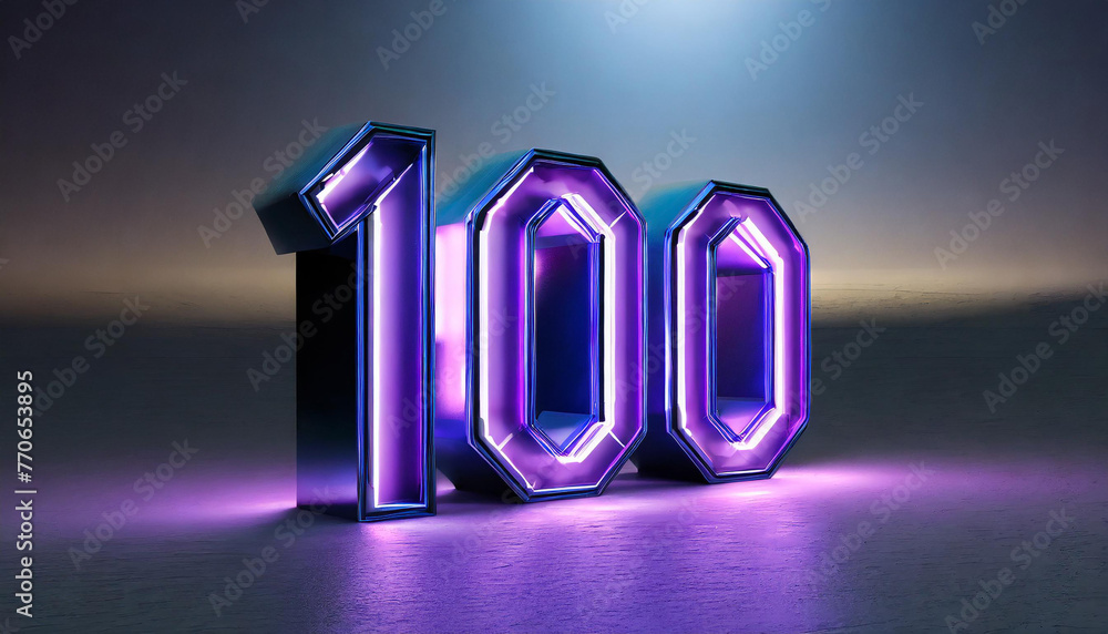 Number 100 made of blue-purple neon light blocks isolated on blurred ...