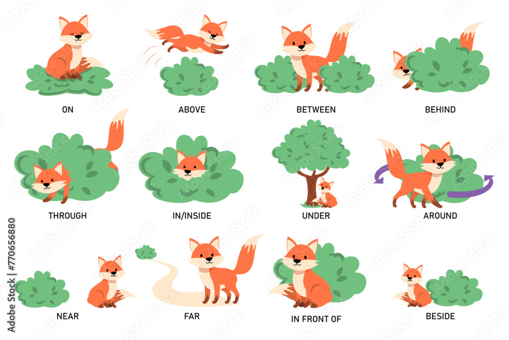 Learning English prepositions with a funny fox and green bush vector ...