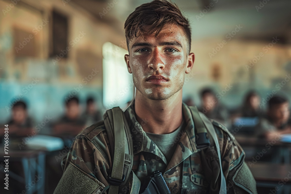 Soldiers in the classroom, student studying camouflage techniques ...