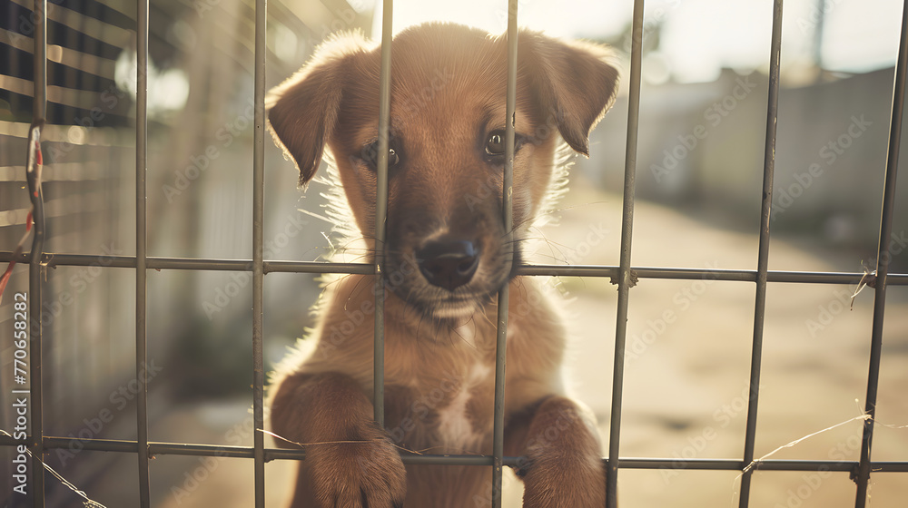 poor sad little puppy in the shelter, waiting for an owner, animal ...